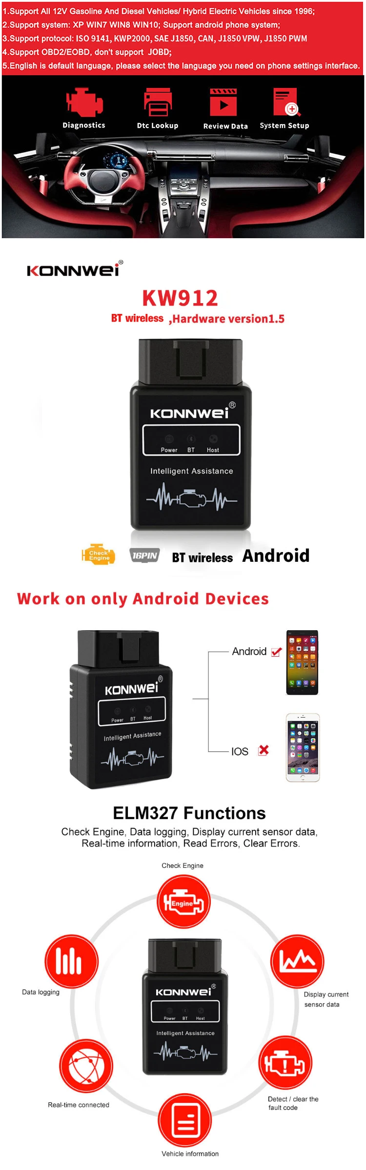 Bluetooth Obdii Adapter Auto Engine Diagnose Tool Konnwei Kw912 12v Car ...