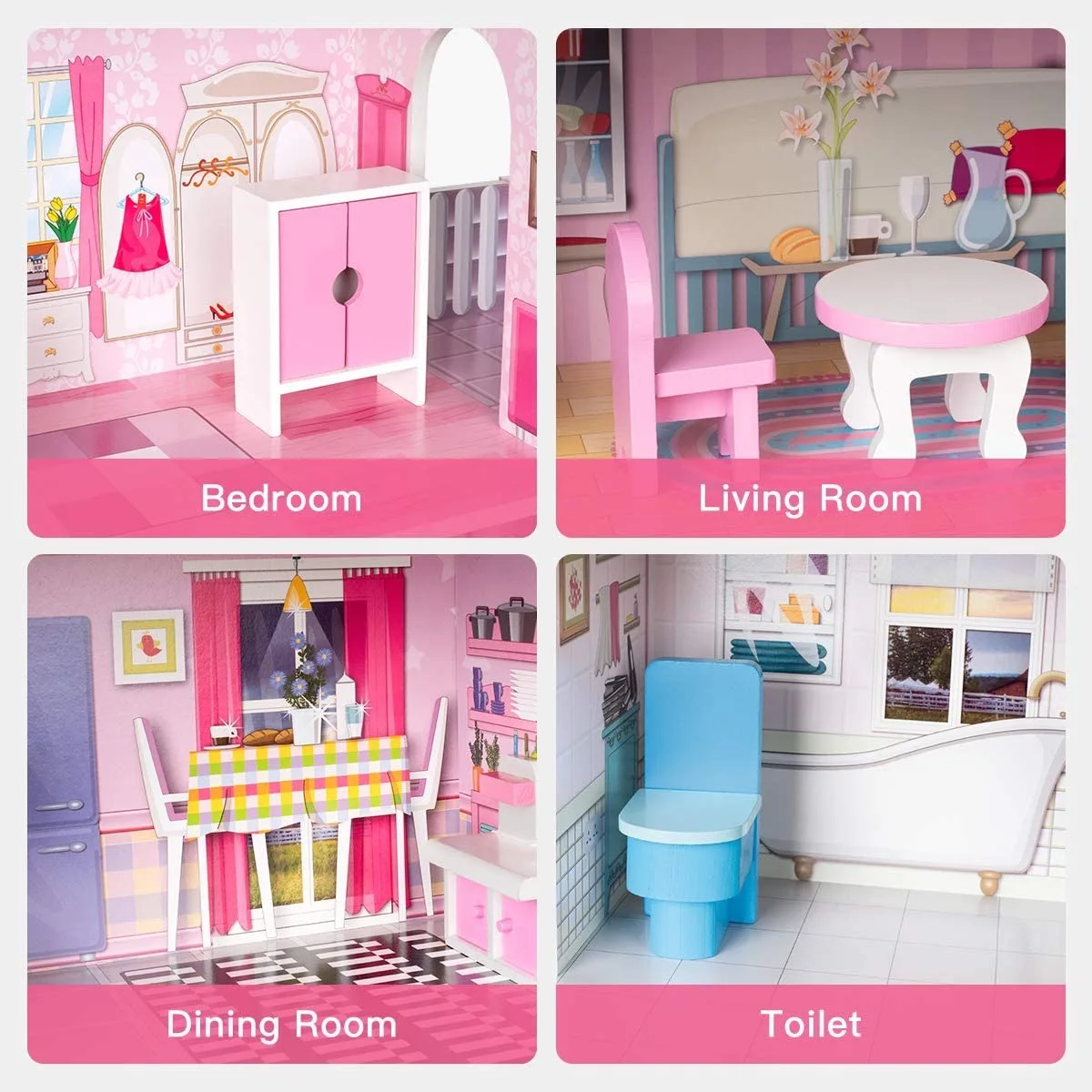 Wooden Educational Toy House with Furniture Gift for Girls Aged 3-6 ...