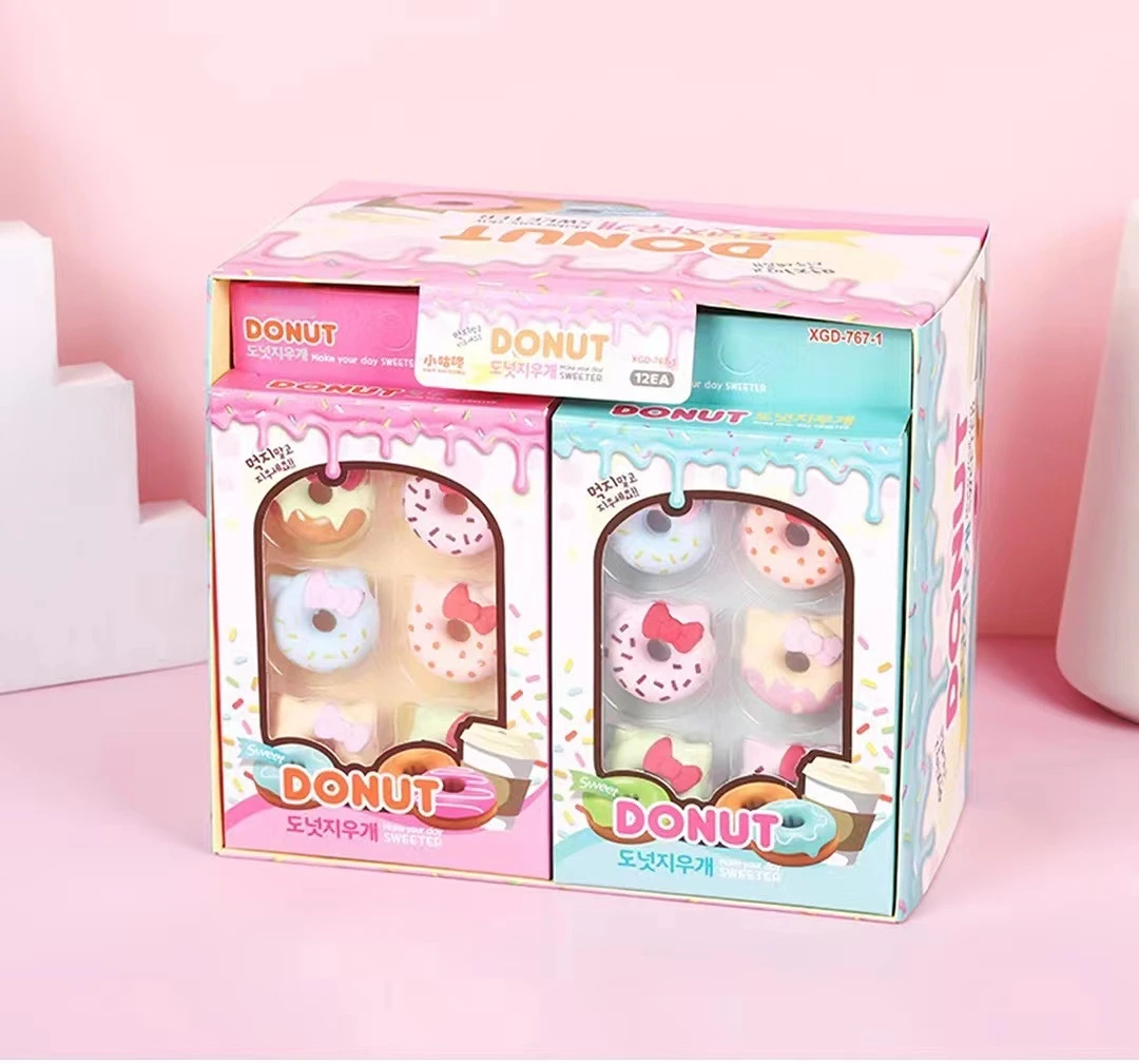 Cute Kawaii Creative Bow Cat Donut Eraser Shape School Kids Eraser Set ...