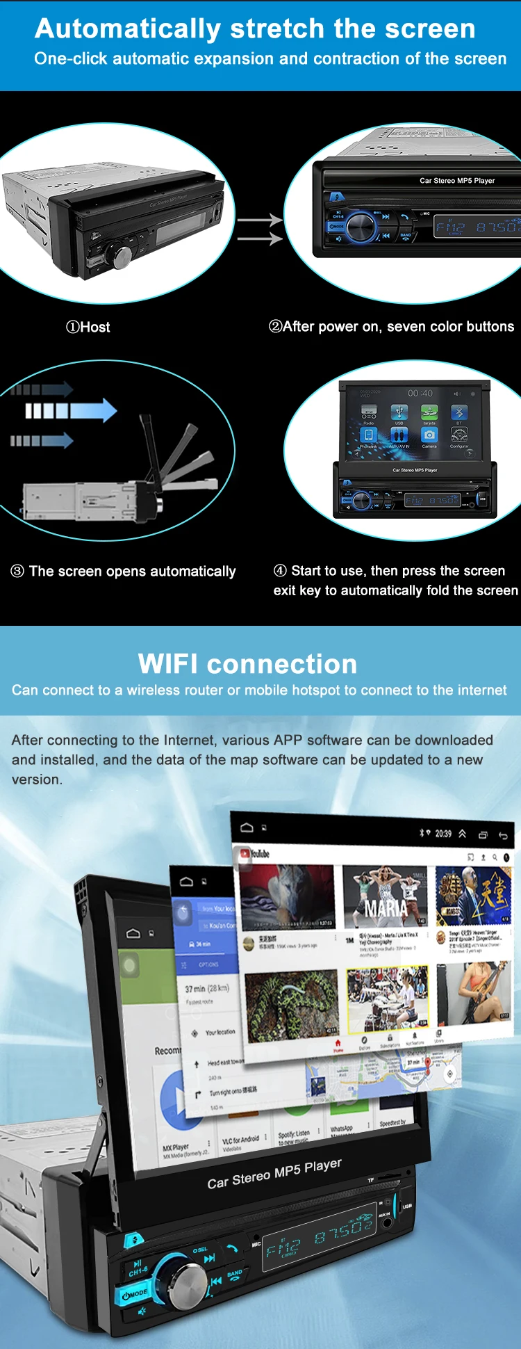 7inch Auto Retractable Car Player 1din Car Tv Lcd Mp5 Player Rearview ...