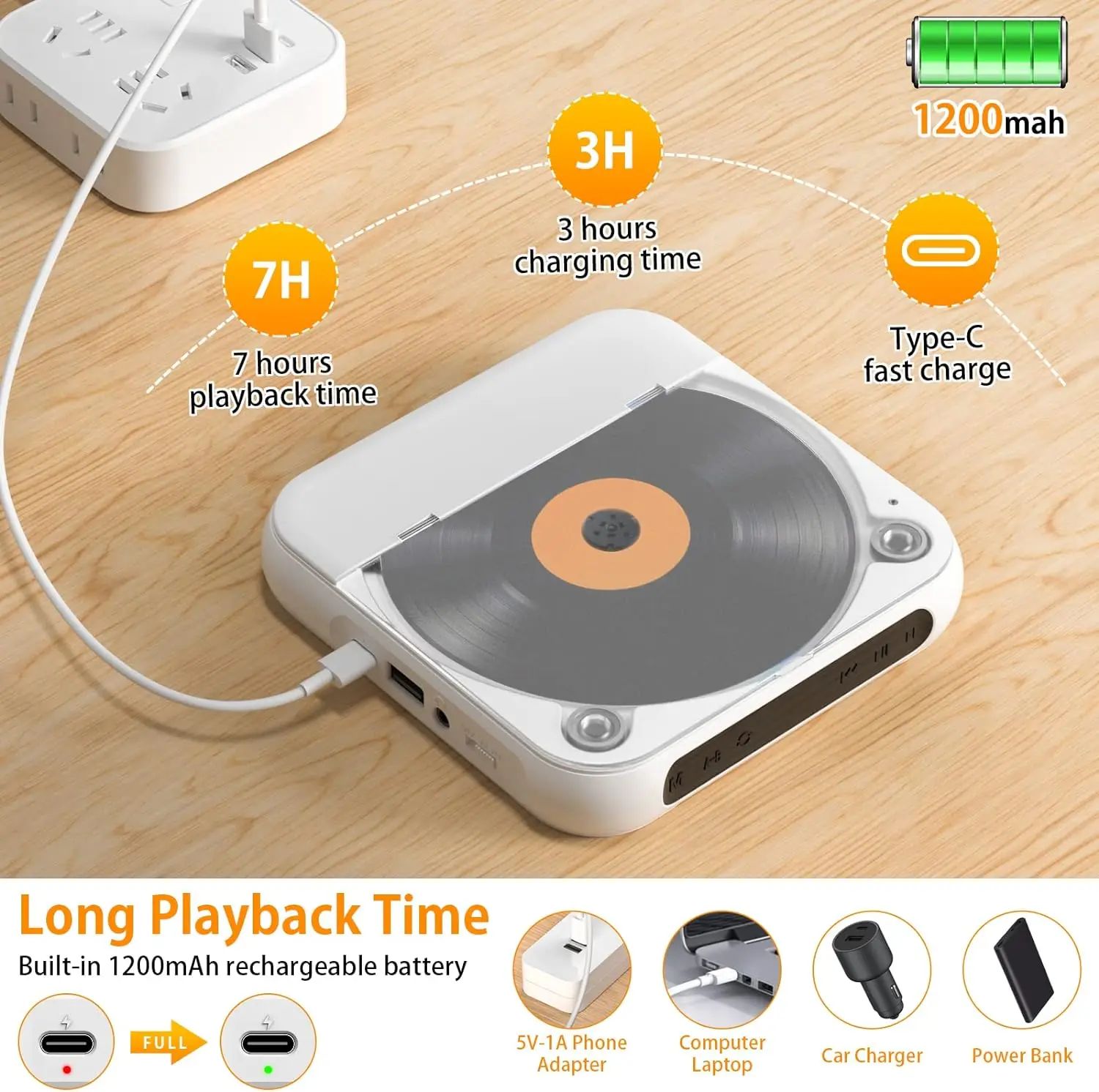 Portable Cd Player With Bluetooth 1200mah Rechargeable Battery Personal ...