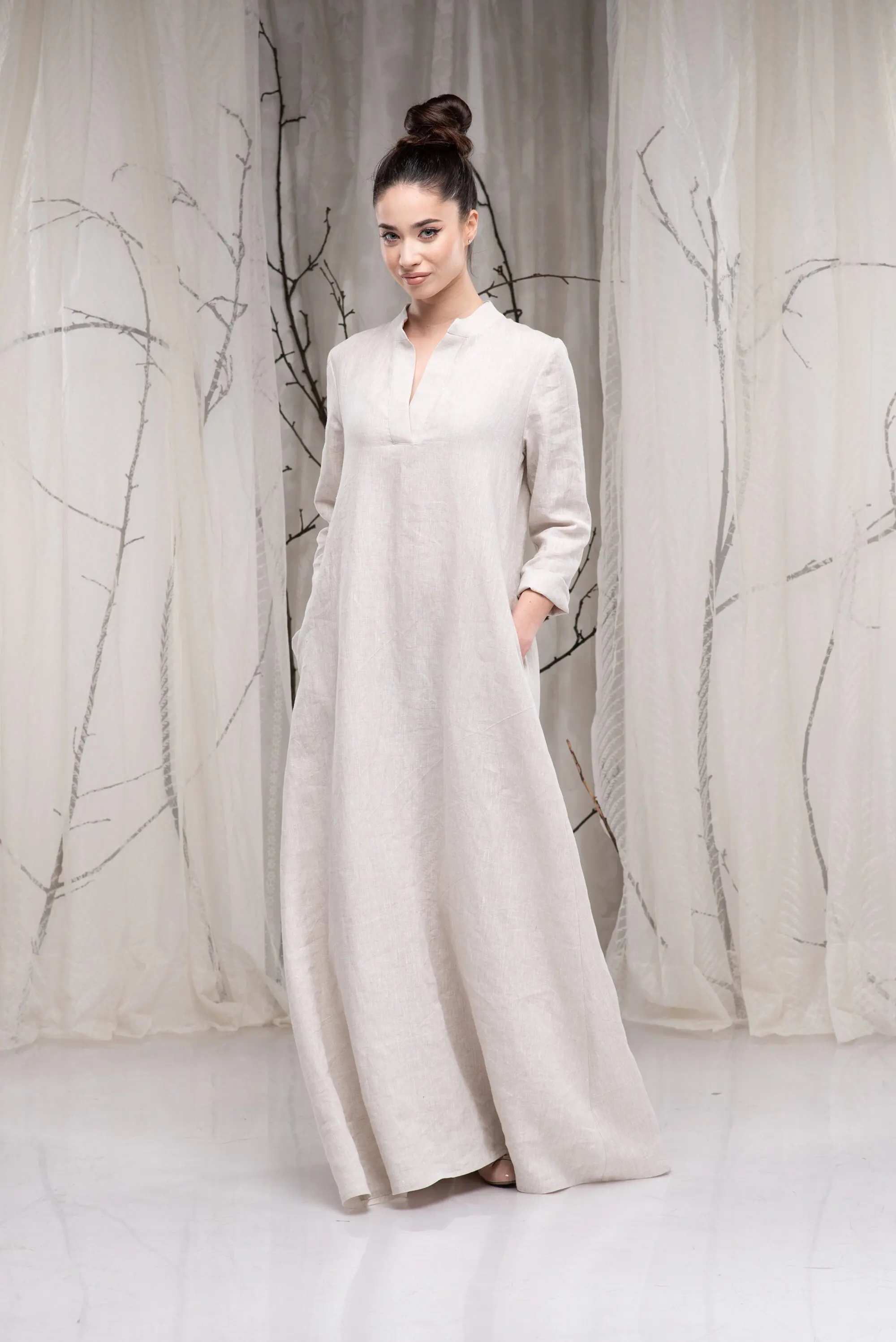 Custom Solid Color 100% Linen Muslim Abaya Dress for Women