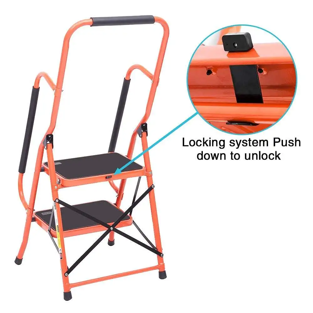 Folding 2-Step Safety Step Ladder Padded Side Handrails Portable Heavy ...