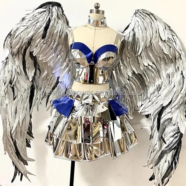w Silver Feather Wings Angel Mirror Costumes Catwalk Stage Outfits Rave ...