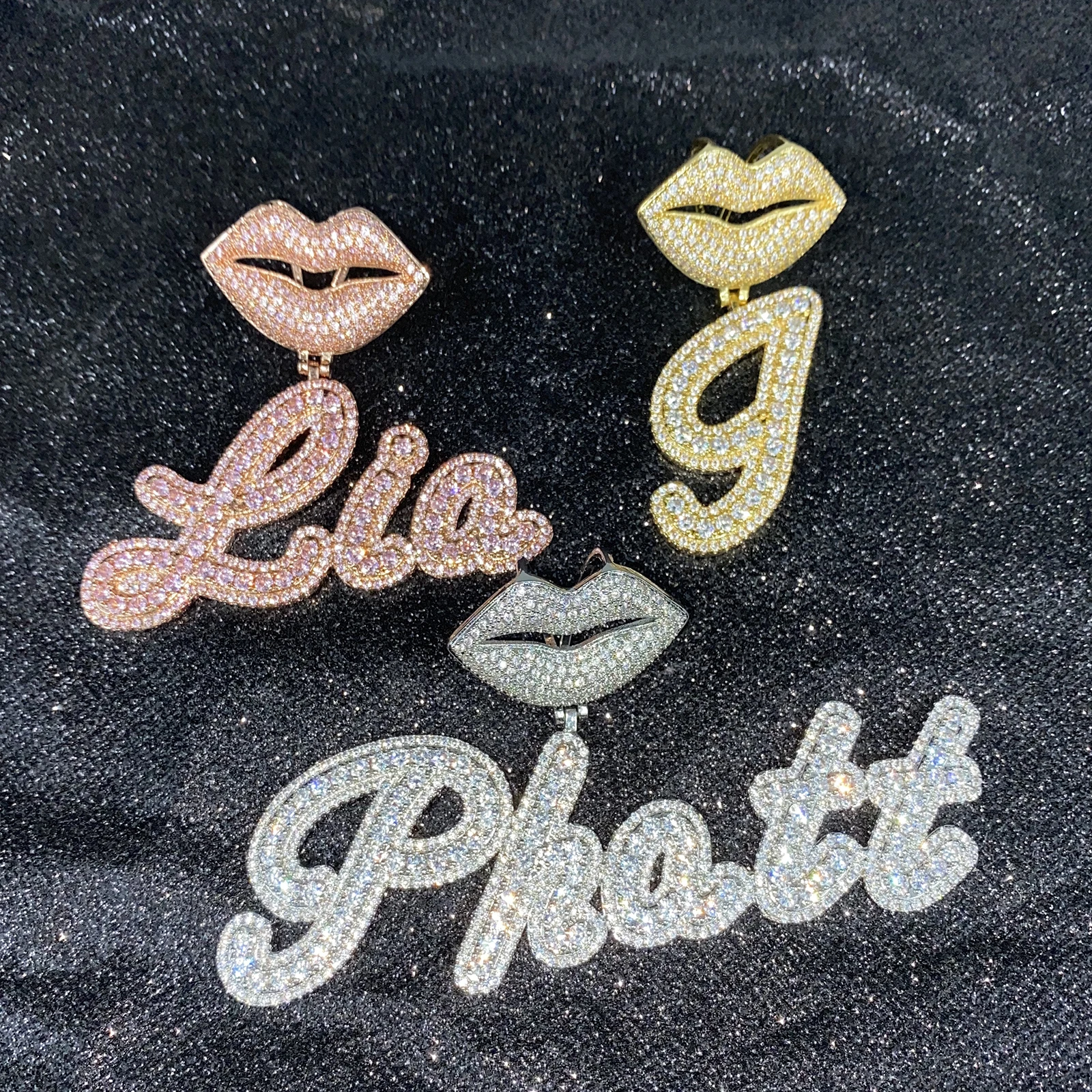 Iced Out Lips Hook Women Custom Name Necklace Baguette Chain Cz Rose ...