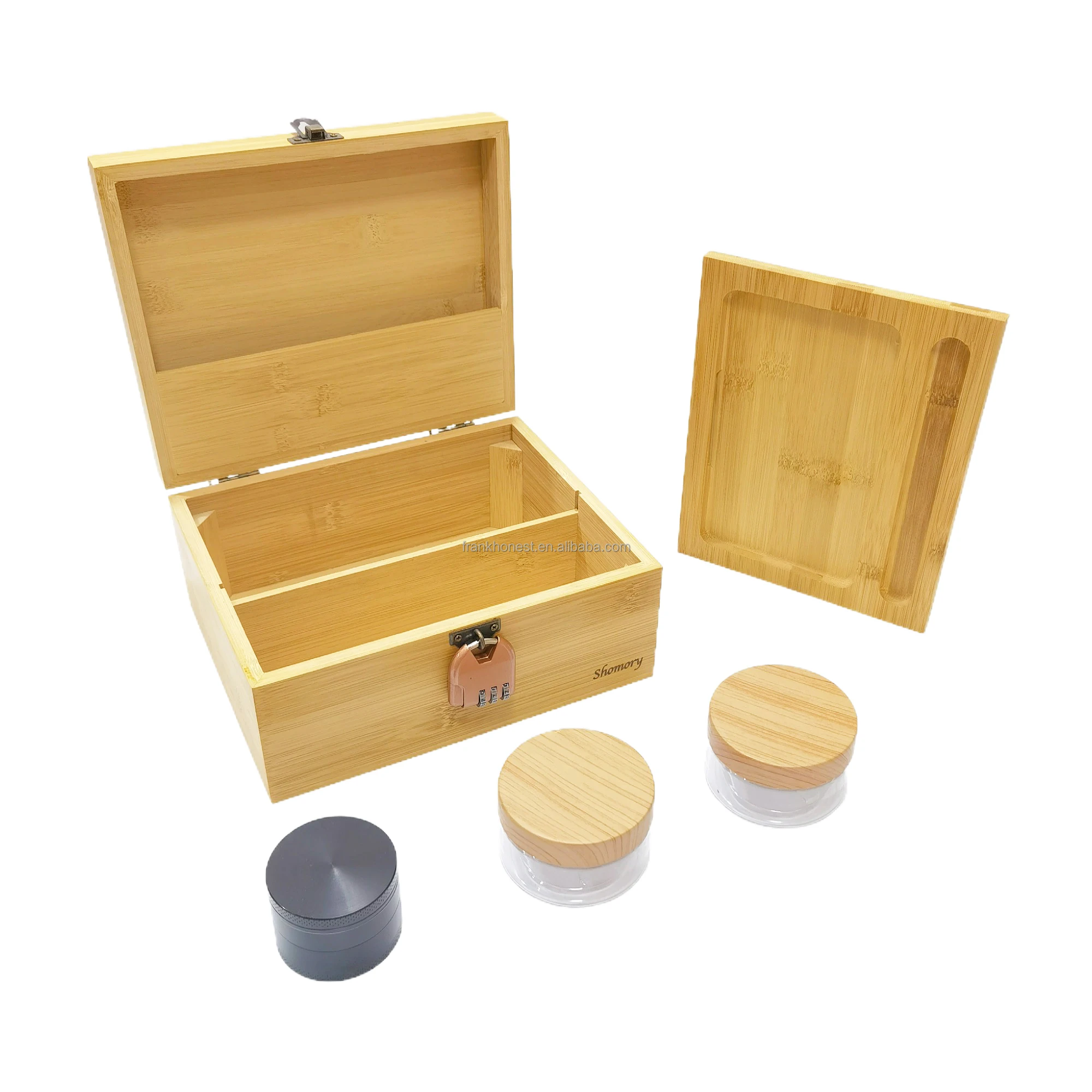 Custom Smell Proof Bamboo Stash Box Rolling Tray with Lock Grinder and Jars