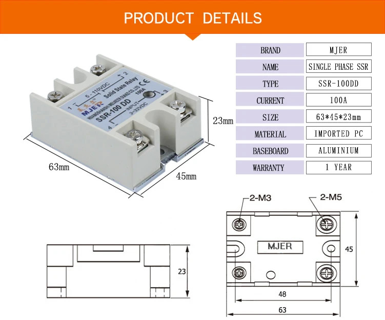 MJER SSR100DD - 100A Solid State Relay for DC to DC Applications
