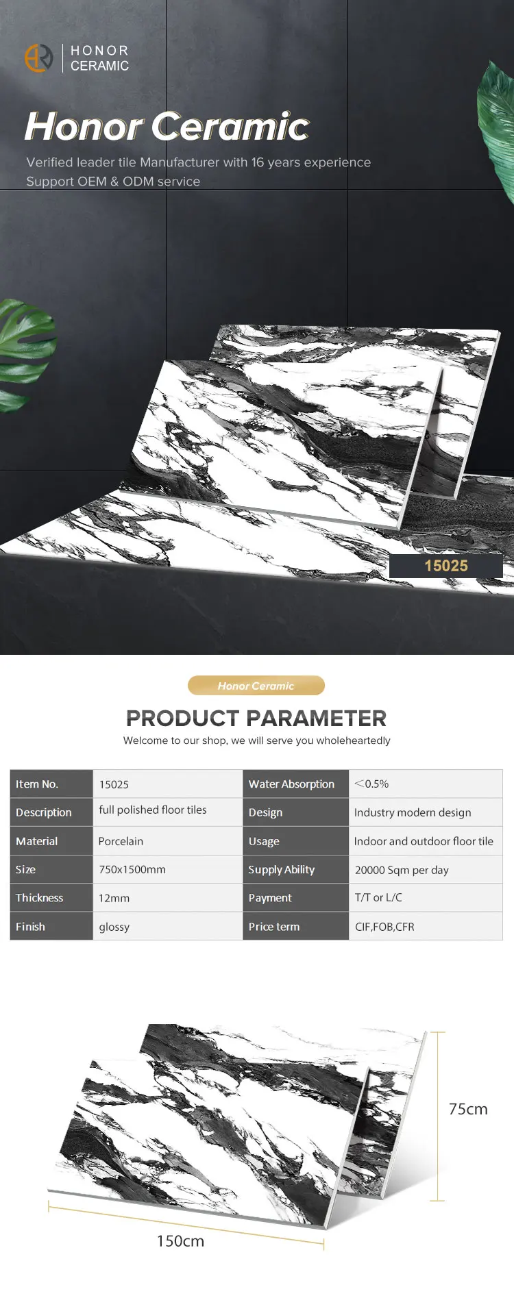 Morden Beauty 750x1500mm Large Slab Porcelain Wall Tile Polished Big ...