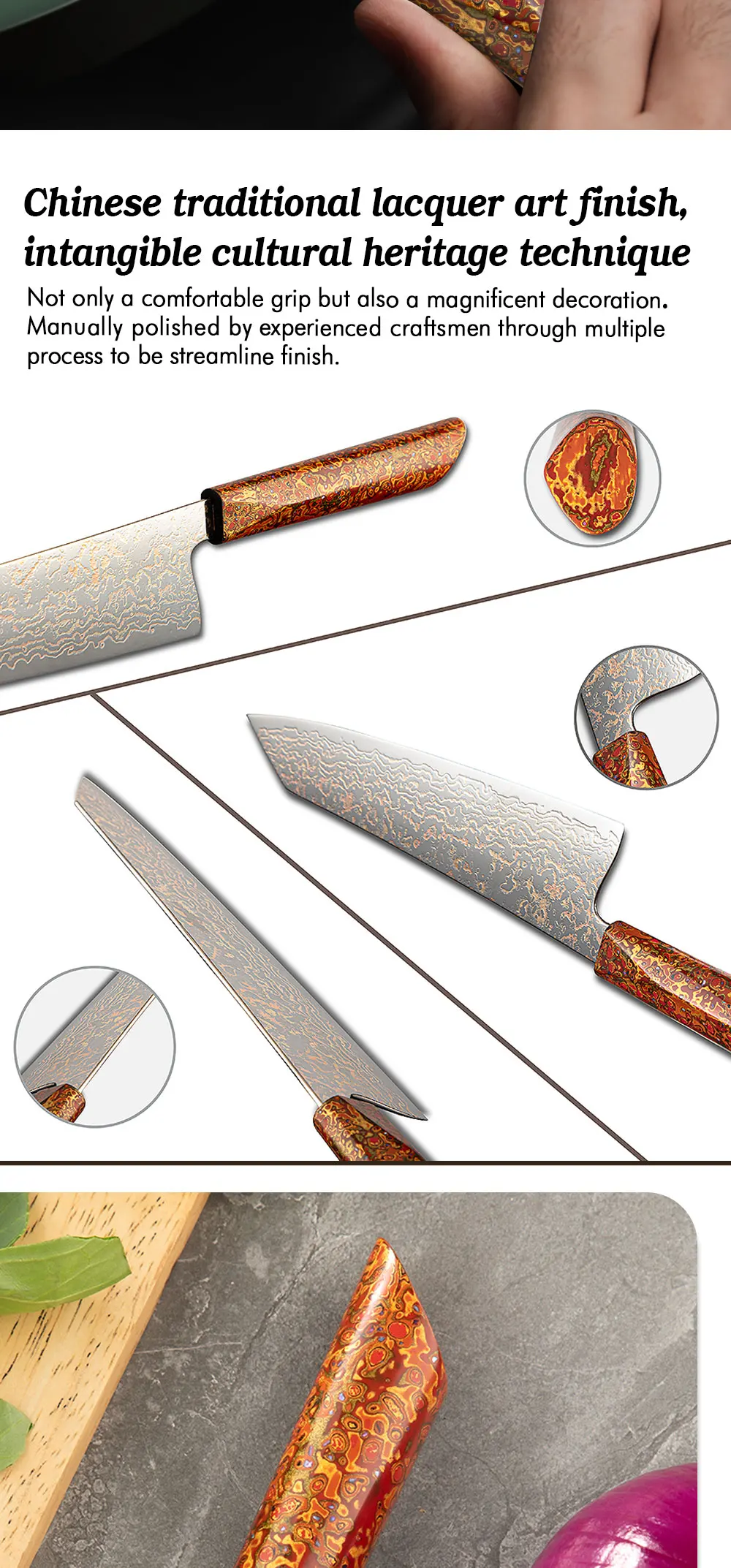 Amber Tri-color Copper Vg10 Core Damascus Steel Japanese Kiritsuke ...