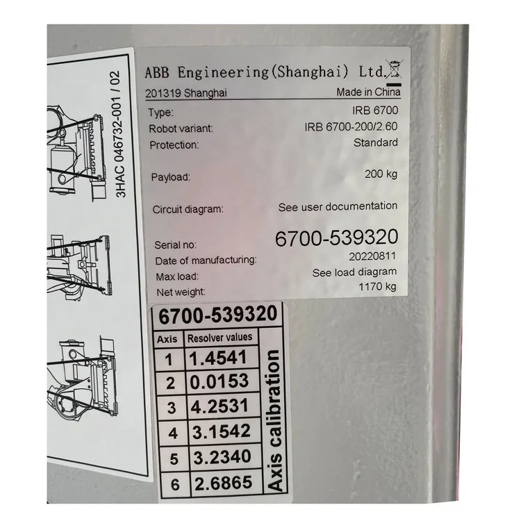 6 축 새로운 AB.B 산업용 로봇 암 IRB6700-200/2.60 페이로드 200kg 작업 영역 2600mm 캐비닛 IRC5 ...