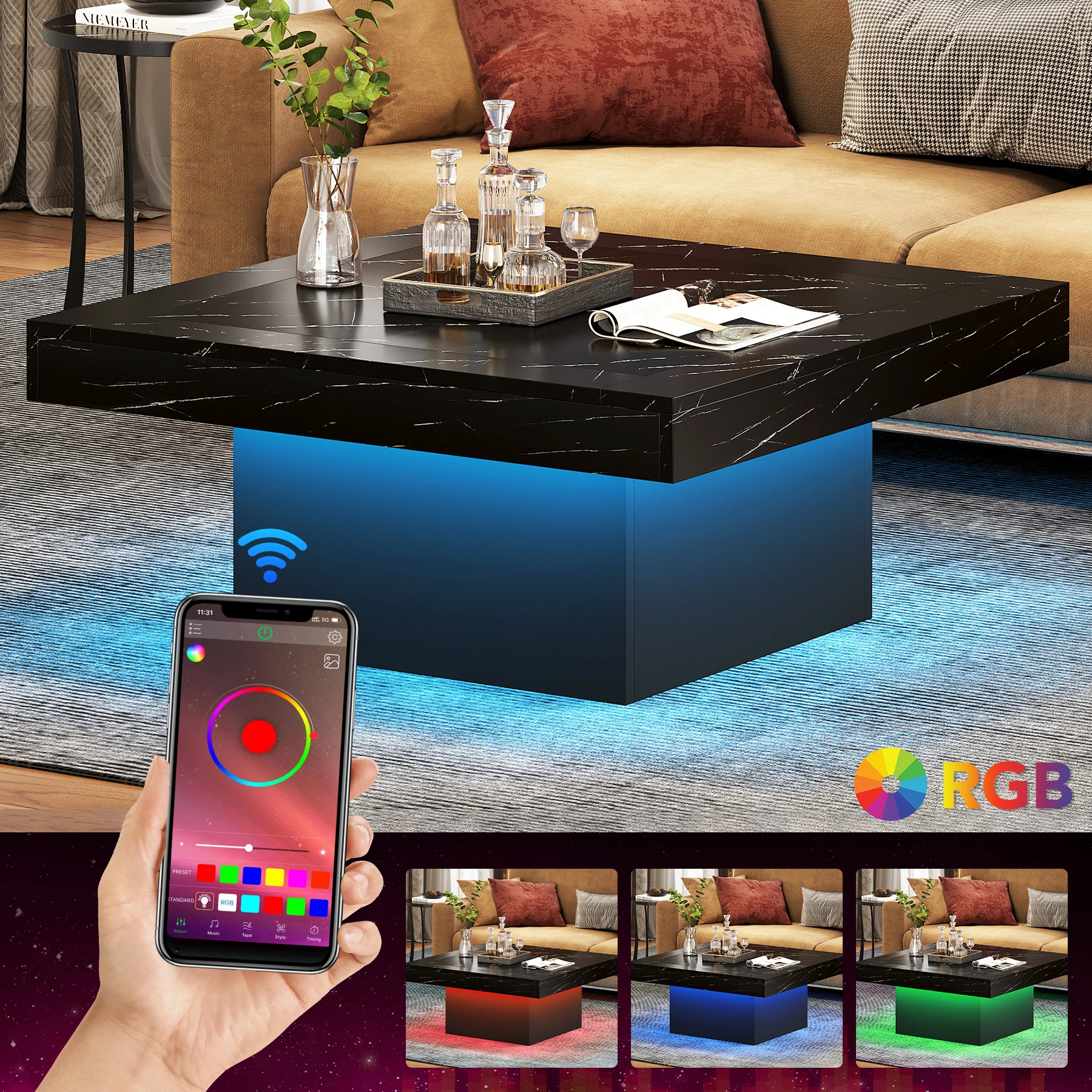 Living Room Furniture Square Coffee Table Light Up LED Wood Cocktail ...