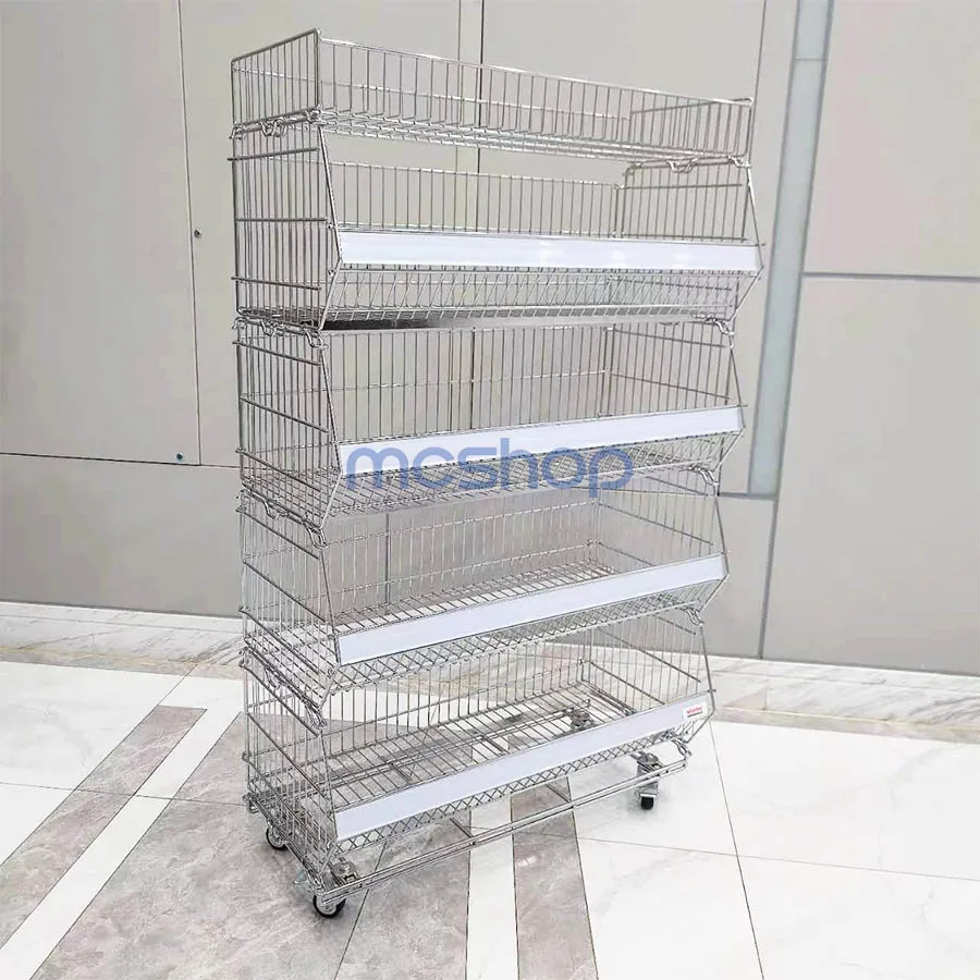 Chrome Wire Single-Sided Folding Light Duty Display Stand Wheeled Metal Stacking Baskets and ...