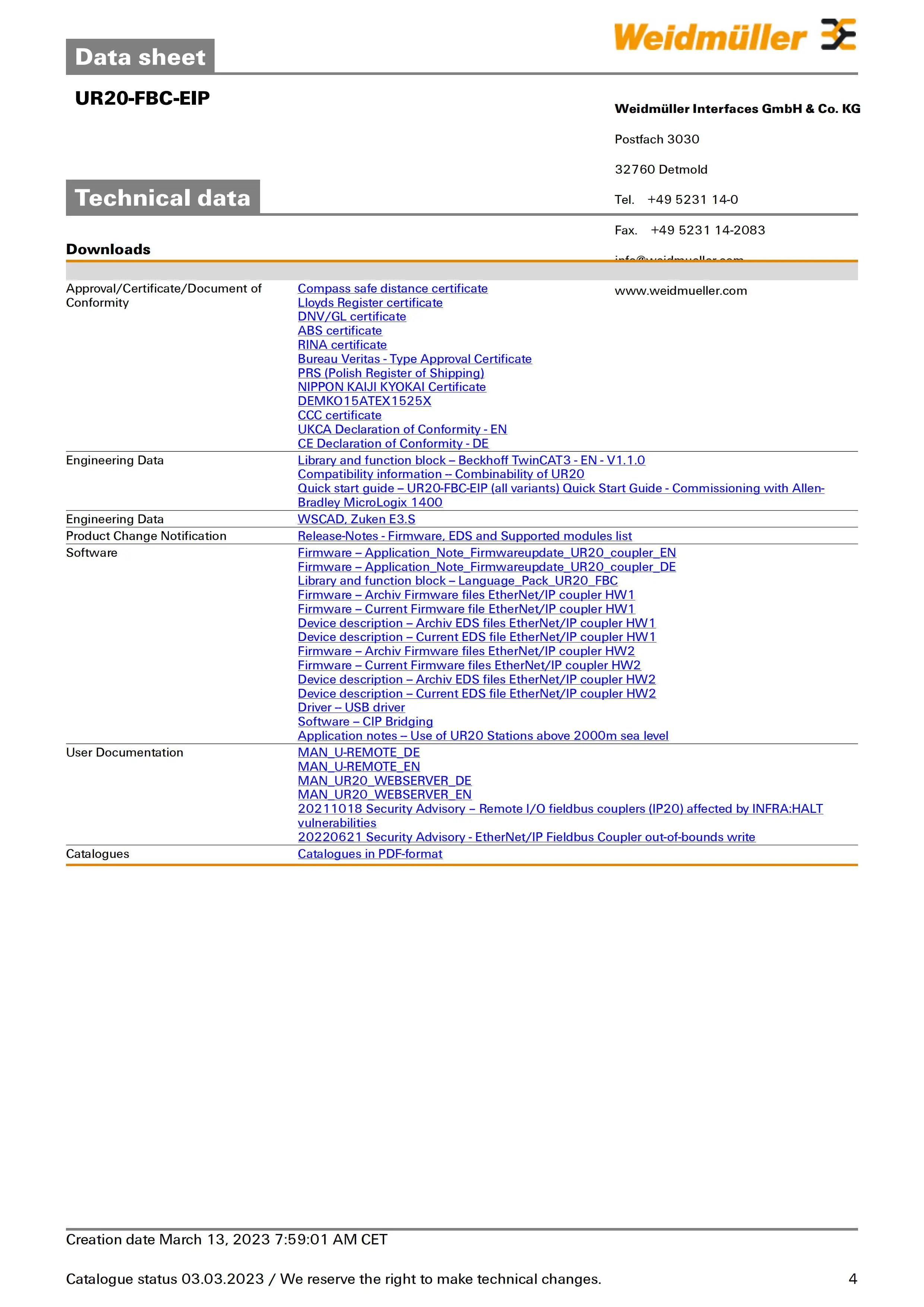 Weidmuller UR20-FBC-EIP 1334920000 Remote I/O Fieldbus Coupl-阿里巴巴