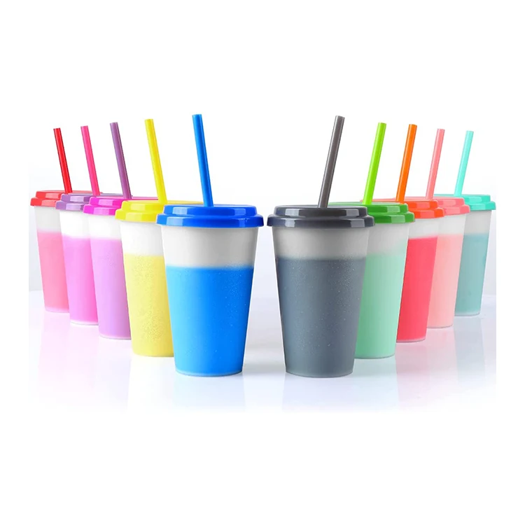 Plastic Reusable Cold Magic Drinking Temperature Change Color Cup with Lid