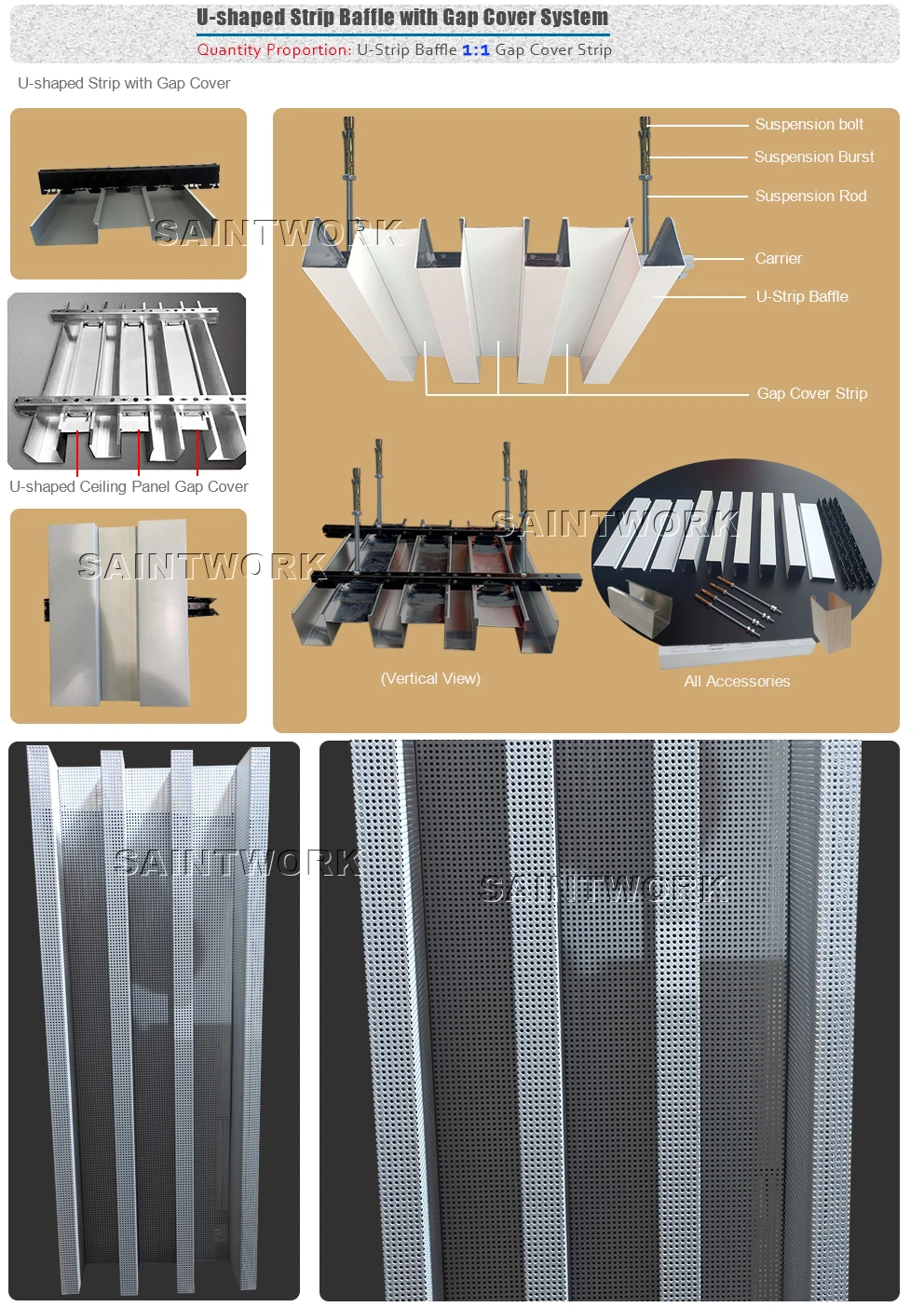 Wooden Color Metal Ceiling Tiles U Shape Aluminum Strip Baffle Linear ...