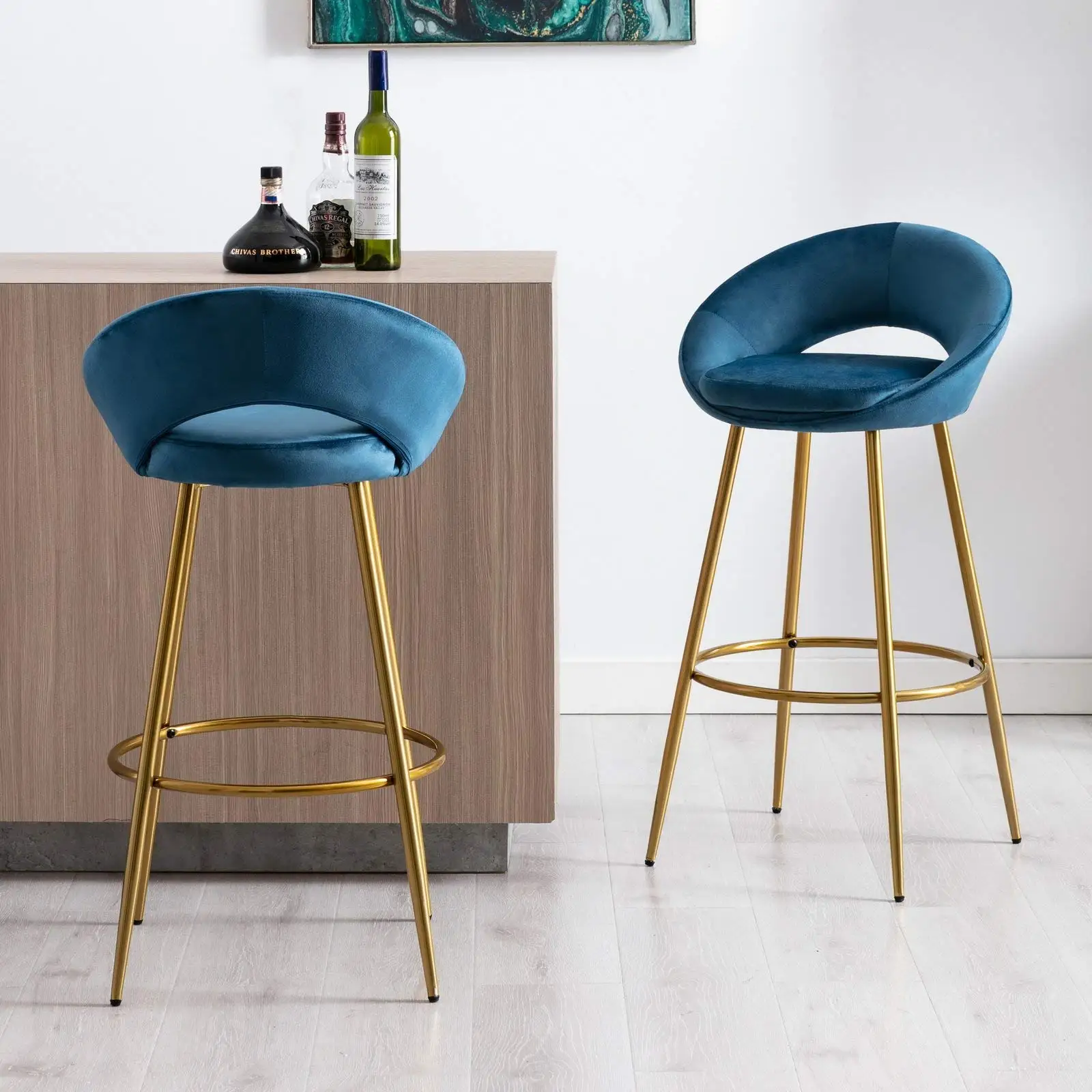 Navy Blue Velvet Set Of 2 Kitchen Bar Height Stools With Metal Leg ...