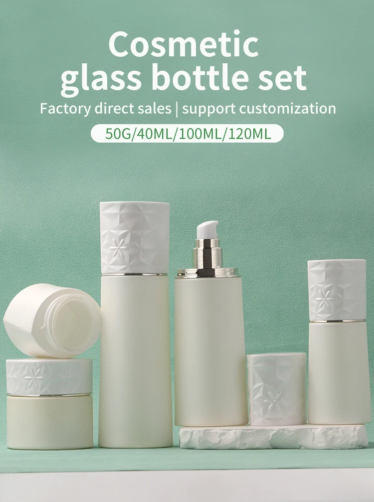 Luxury White Cosmetic Glss Bottle Set 50g 40ml 100ml 120ml Glass Lotion Pump Bottle Set For Skin ...