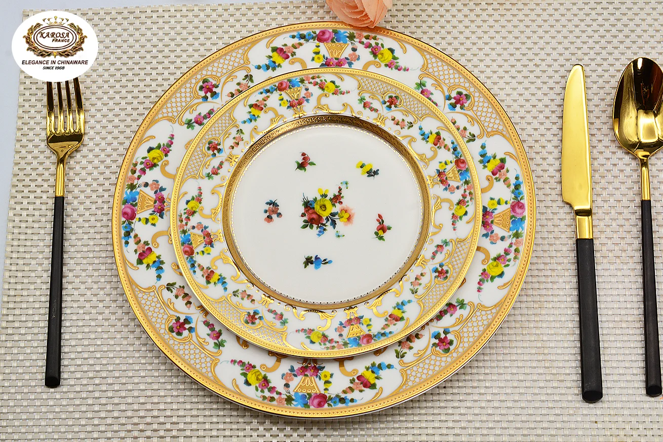 5pcs Karosa Royal Embossed Shiny Gold Rim Ceramic Plates