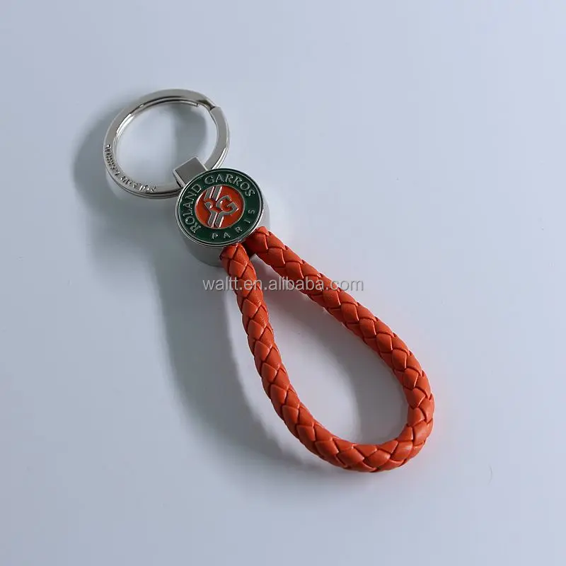 Orange Leather Woven Metal 3d Logo Keychain With Stainless Steel Ring ...