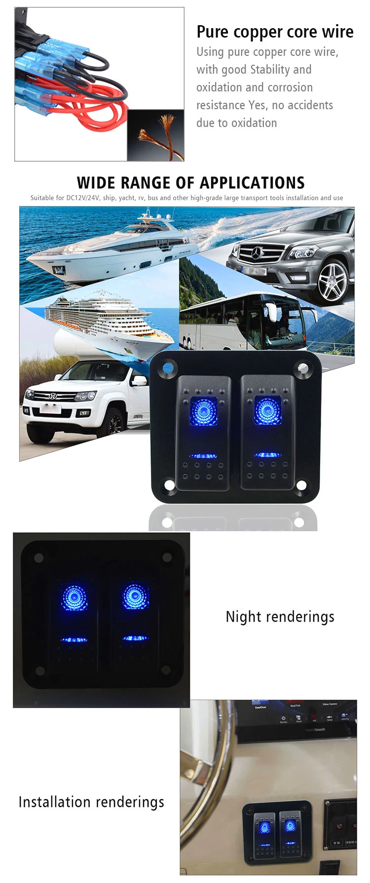 Blue Light 2 Gang Rocker Switch Panel 12v - Buy 24 Volt Rocker Switches ...