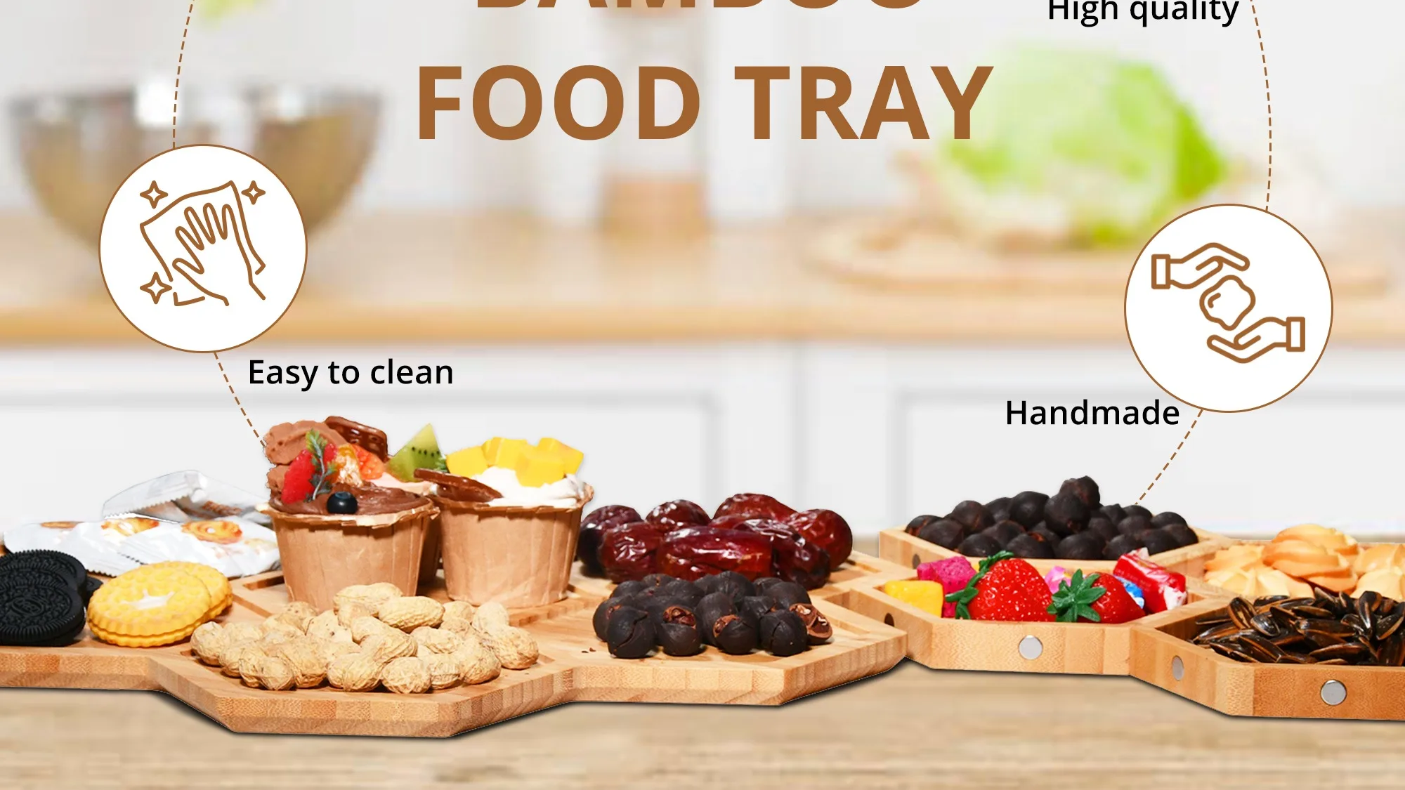 Bamboo Snack Serving Tray Platter With Removable Compartment For Snacks ...