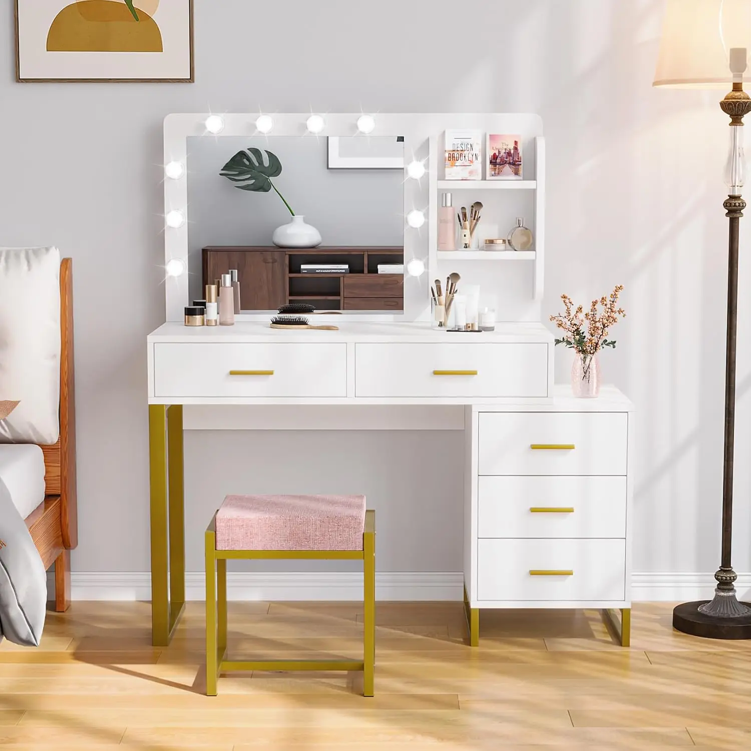 Modern Makeup Desk with Mirror and Lights, Vanity Mirror 3 Color Modes ...