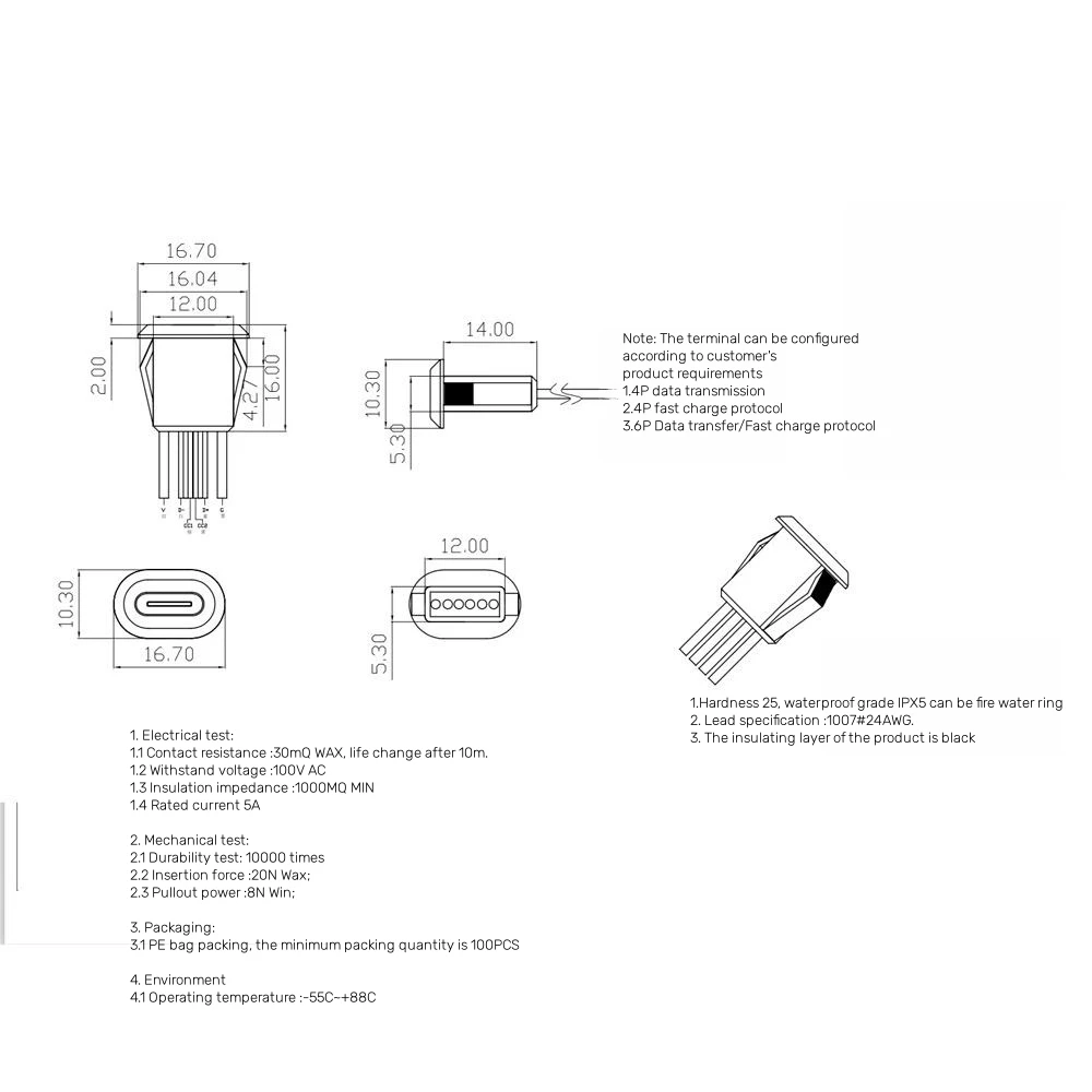 4pin 6pin USB Type C Connector - High Current Fast Charging
