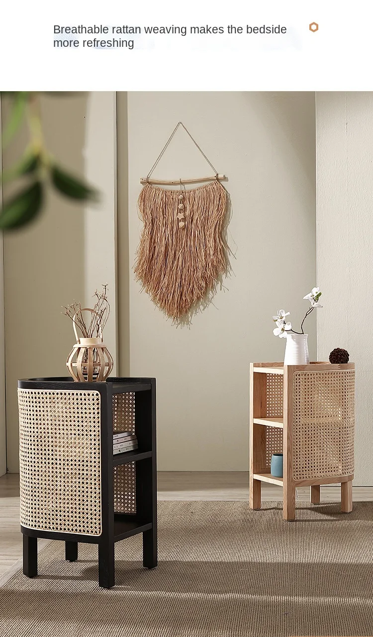 Japanese Style Solid Wood Rattan Bedside Table and Side Cabinet Locker