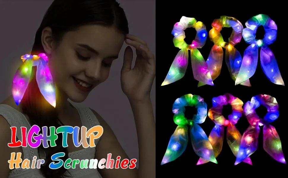 Women LED Luminous Flash Velvet Scrunchies Elastic Rubber Bands Solid ...