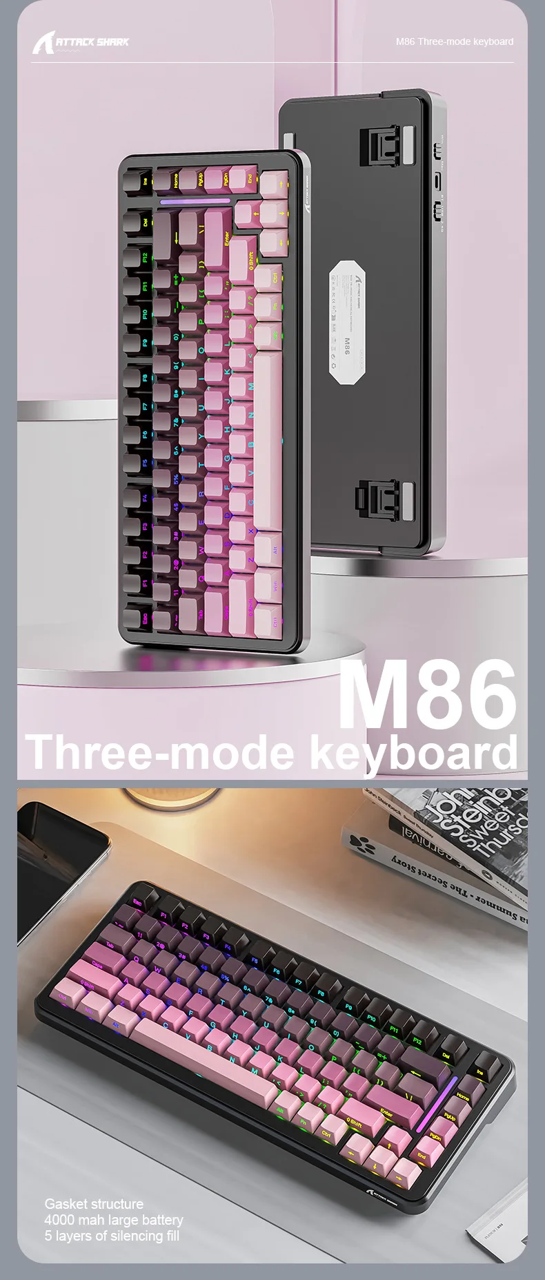 Attack Shark M86 Wireless Mechanical Keyboard BT RGB Three-mode Customized Gaming Side Engraved ...