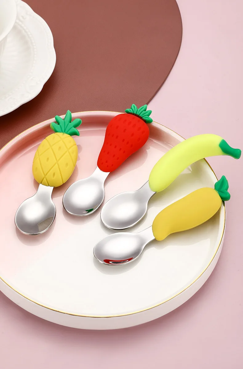 Cute Fruit Shape Sus304 Silicone Kids Spoon And Fork Set Baby Training ...