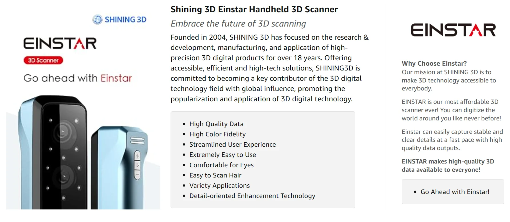Shining 3D Einstar Detail-Oriented Enhancement Support Scanning Hair ...