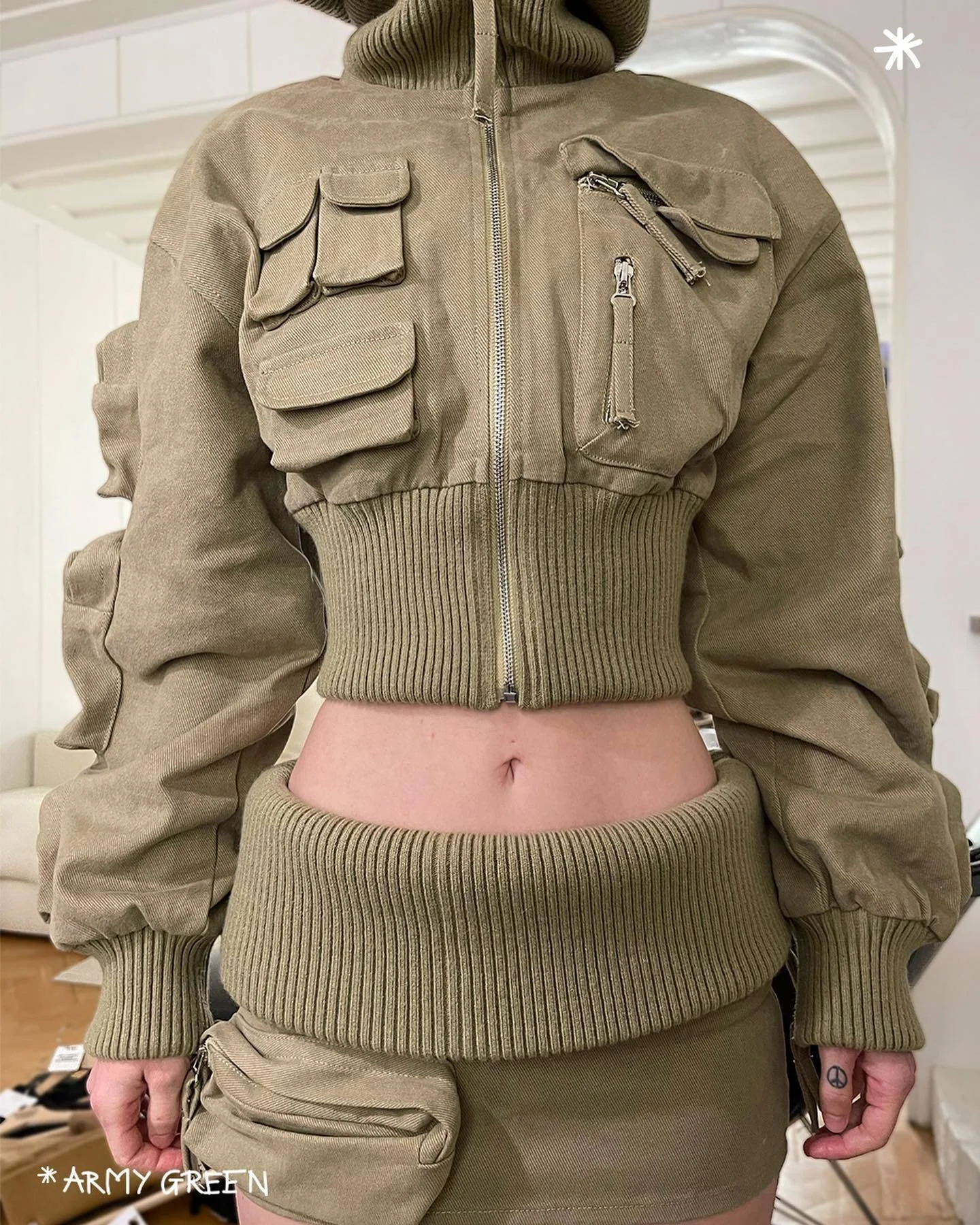 Oudina New Arrivals Zipper Cargo Jacket Mini Skirt Two Pieces Sets ...