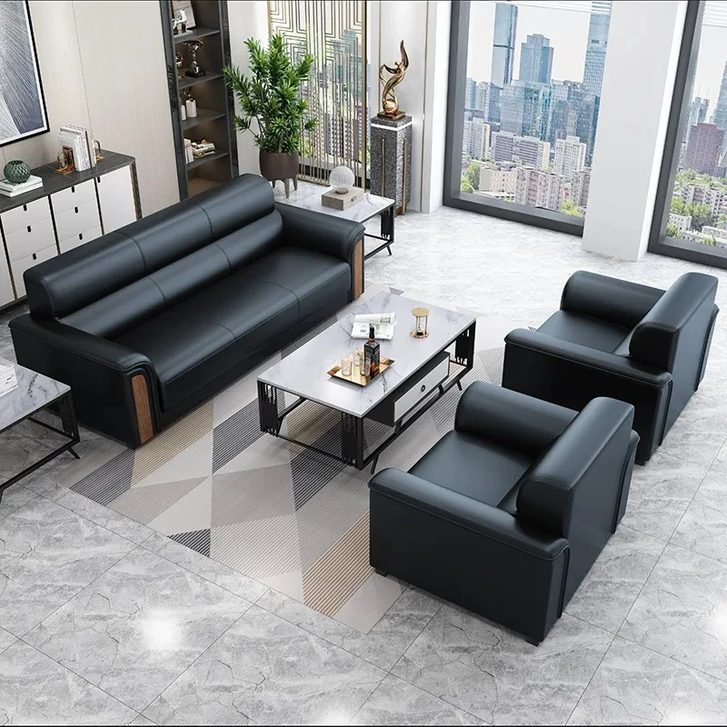 Modern Office Sofa Set - Durable Black Leather Furniture