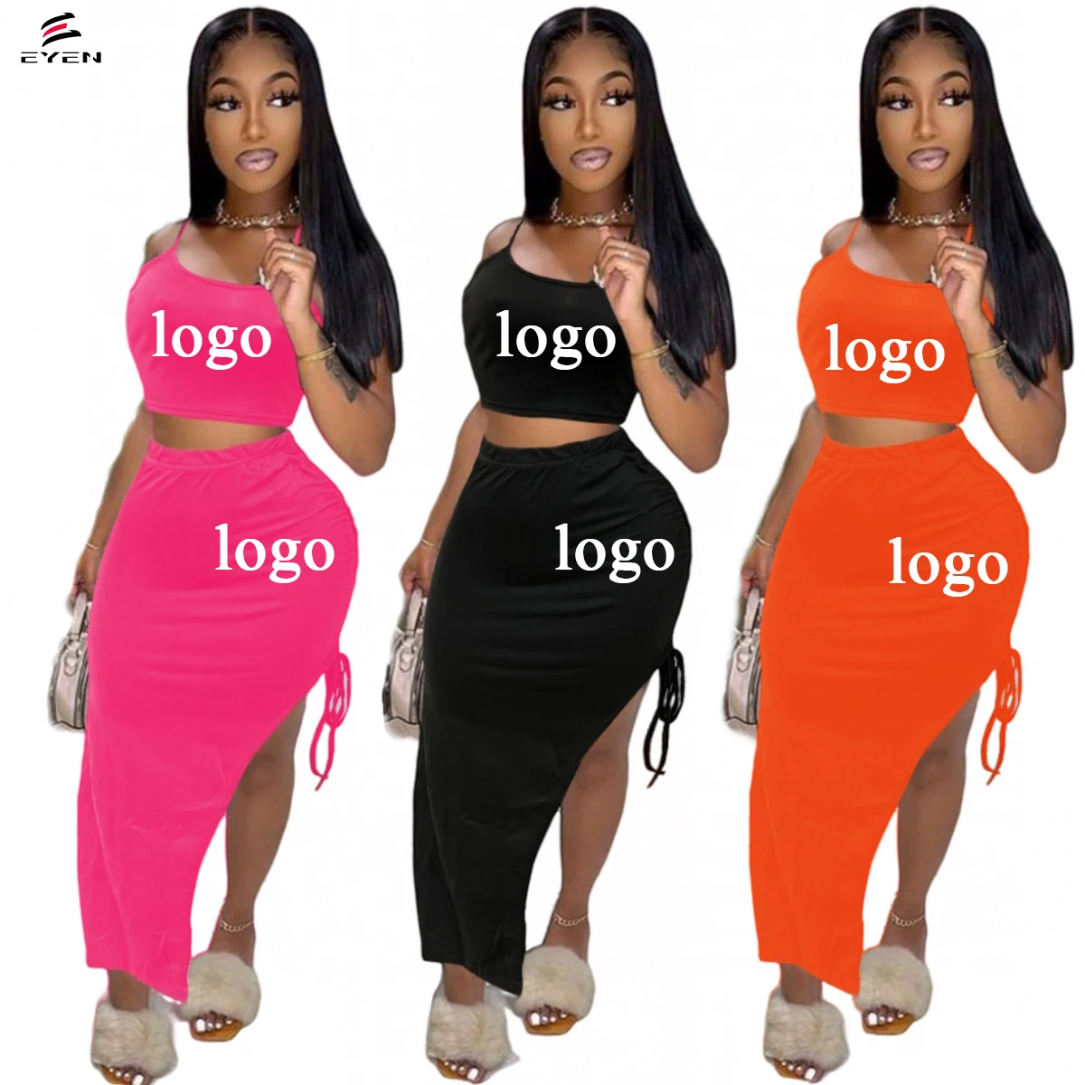 Conyson Clothes Summer Sexy Outfit Cropped Top and Split Skirt Chic ...