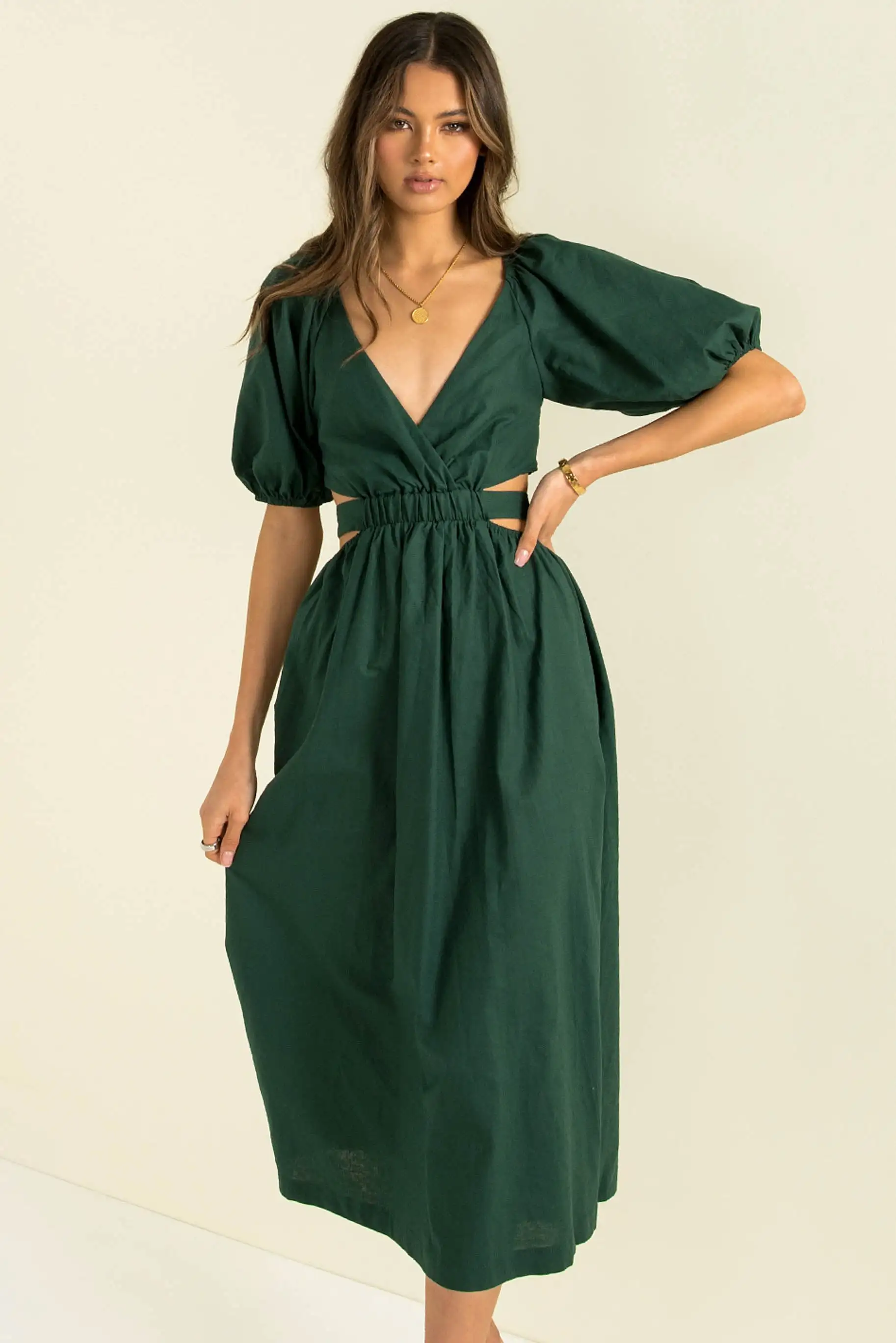 Shop Our Holidays Solid Emerald Green Color Women 100% Linen Dress ...