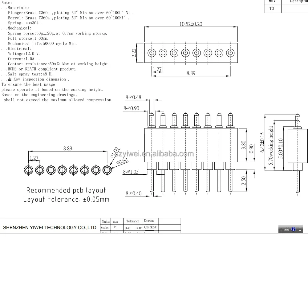 Male Header Gold Plated Brass 8 Pin Single Row Through Hole Pcb Mount Grid 1.27mm Pitch Spring ...