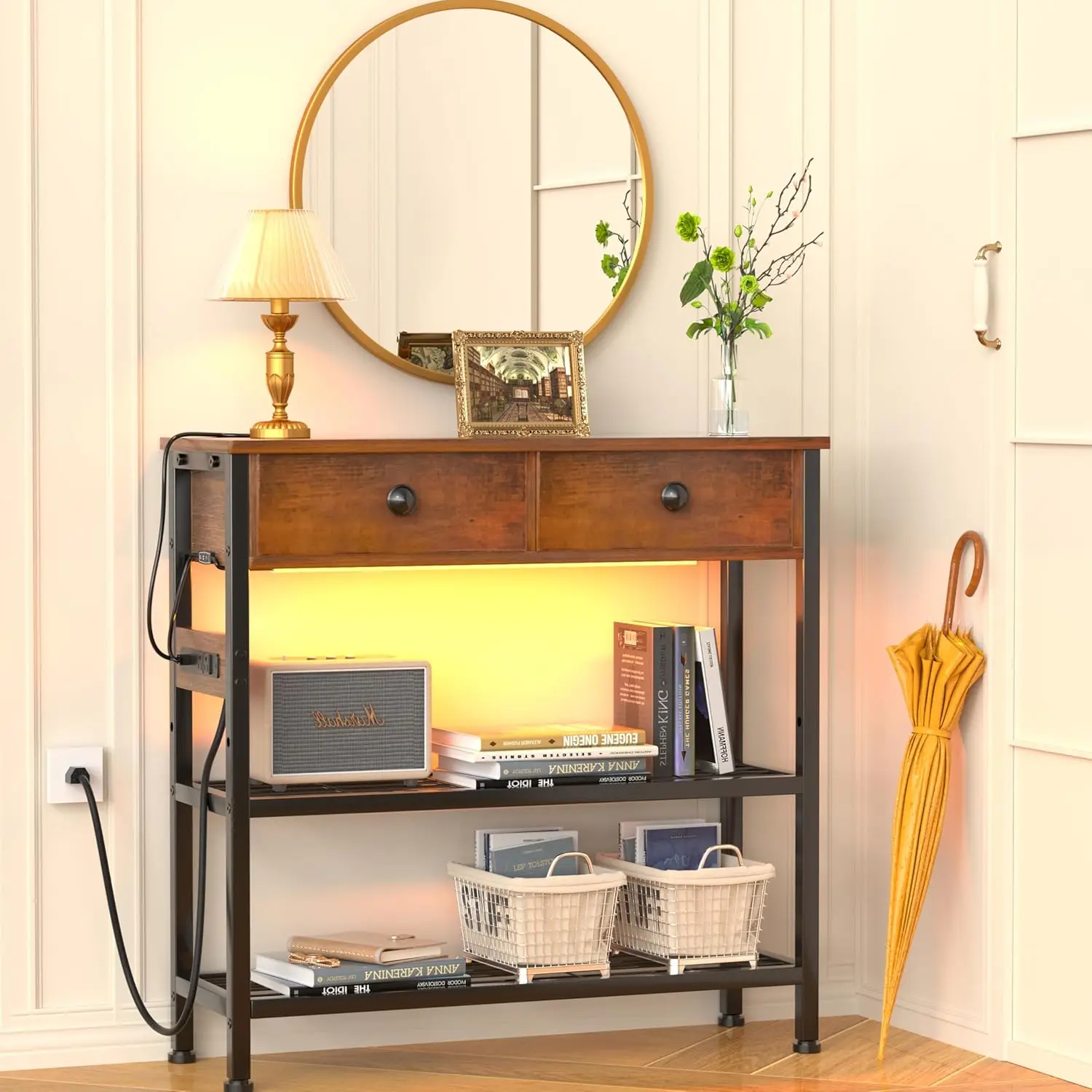 Entry desk with socket Console desk with storage rack, LED light strip ...