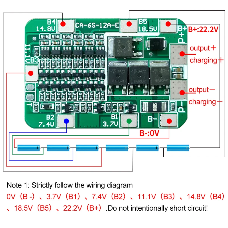 CA-6S-12A-E 24V PCB BMS Protection Board Designed for 6 Pack 18650 Li ...