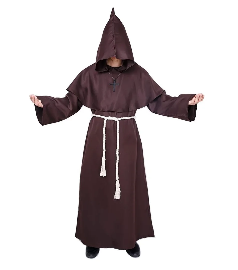 Monk Costume Medieval Friar Hooded Monk Priest Robe Costume Halloween ...
