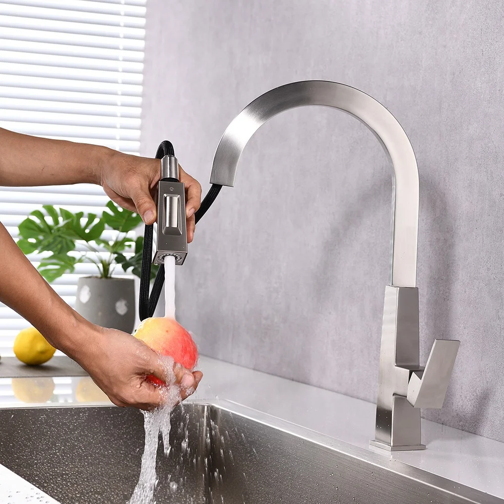 Swan Neck Pull Out Water Long Handle Wash Sink Tap For 304 Kitchen ...