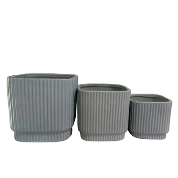 Grey Ceramic Flower Pots For Indoor Plants Set Of 3 Stripe Glaze Design ...