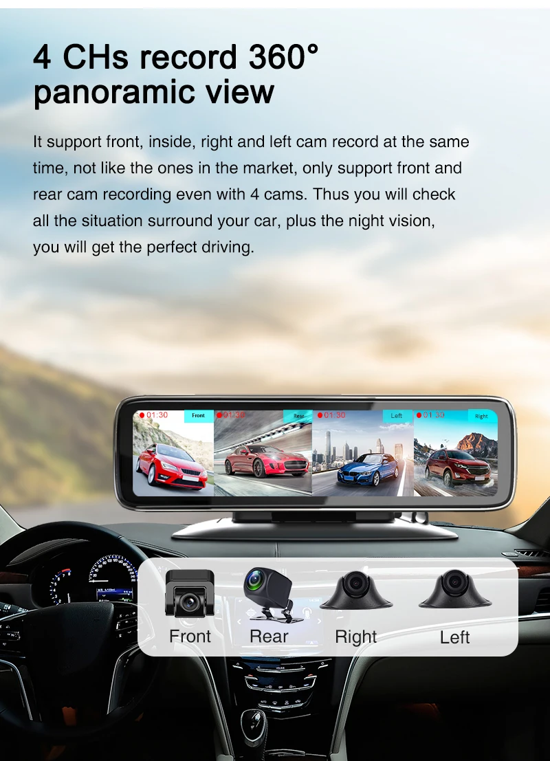 4 Channel Mirror Dash Cam - 360 Degree Dashboard Camera