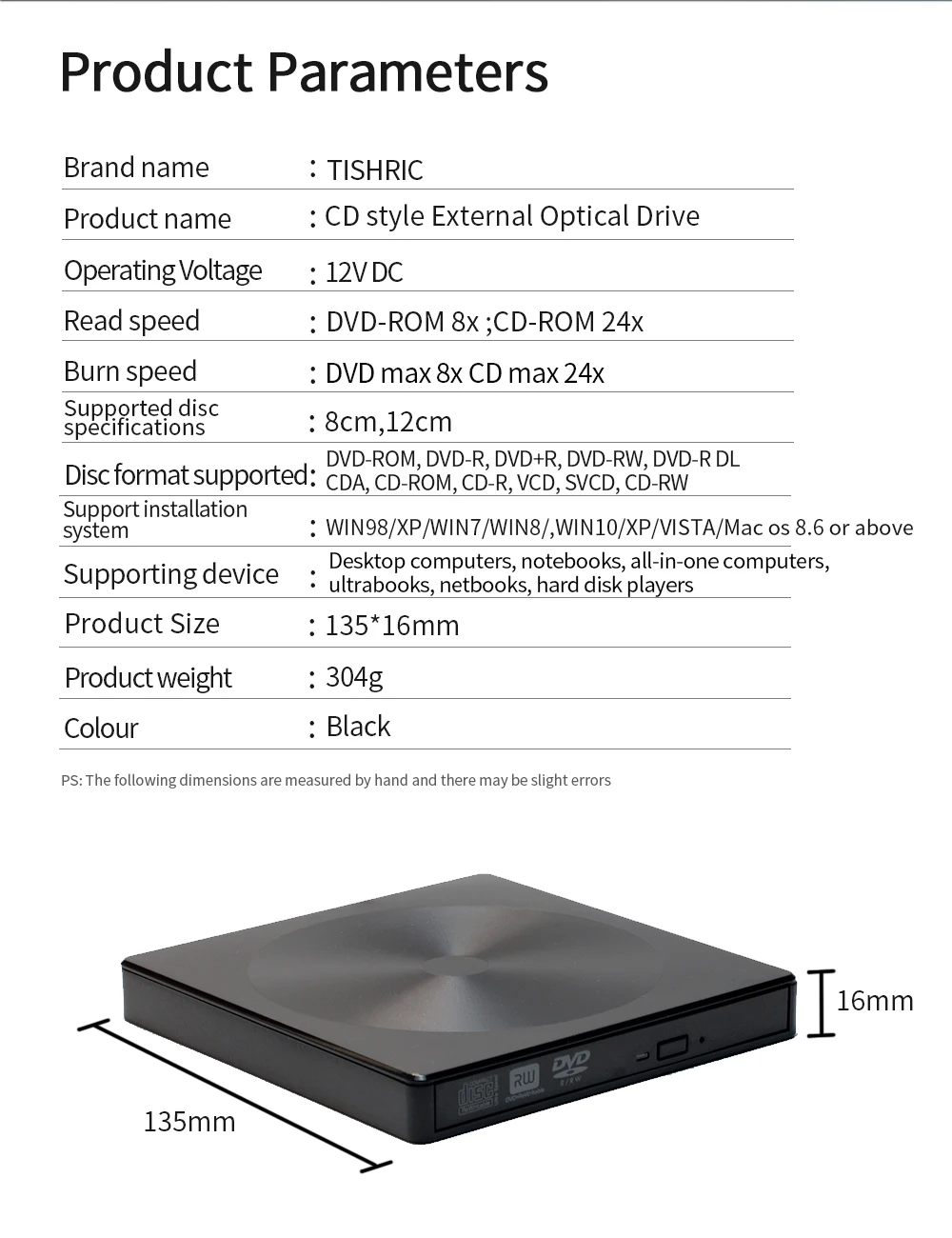 Tishric Type-c Dvd External Usb3.0 Cd Reader Player Burner Lector ...