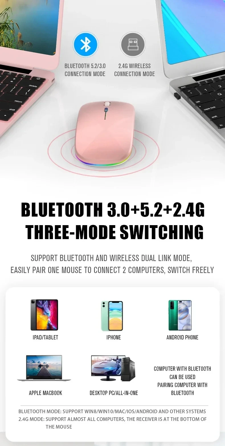 Dual Mode Mouse - Silent Slim RGB LED Wireless Rechargeable