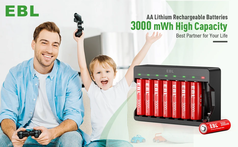 Ebl Rechargeable 1.5v Lithium Ion Aa Batteries 3000mwh 4 Count And 8 Bay Smart Aaa Battery ...