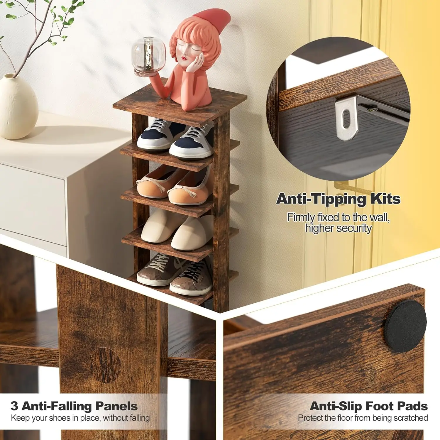 7 Tiers Vertical Shoe Rack Patented Entryway Narrow Slim Wooden Shoes ...