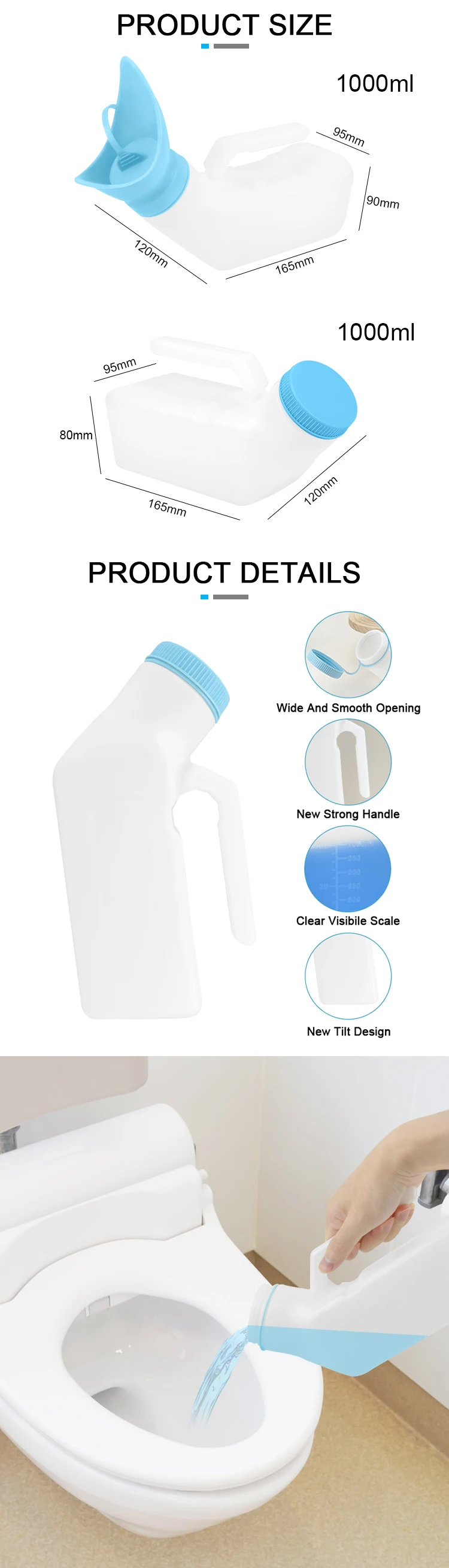 1 Liter Urine Container - Durable PET Travel Urinal Bottle