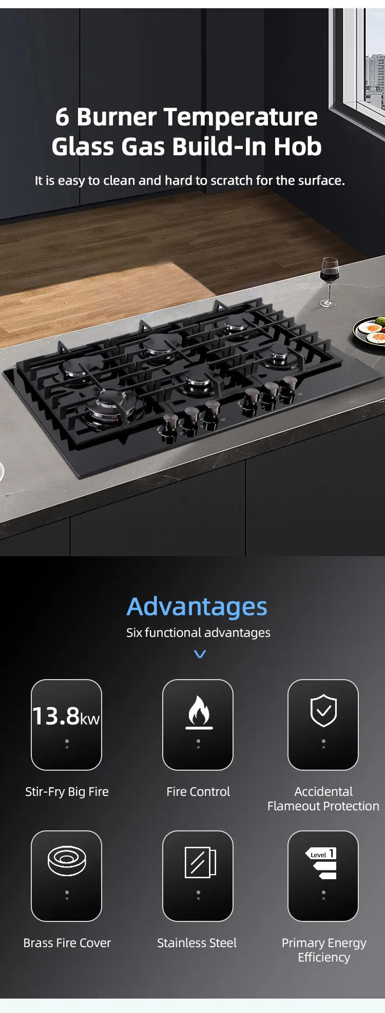 High Quality Built-in Gas Stove 6 Burner Glass Top Gas Cooker - Buy ...