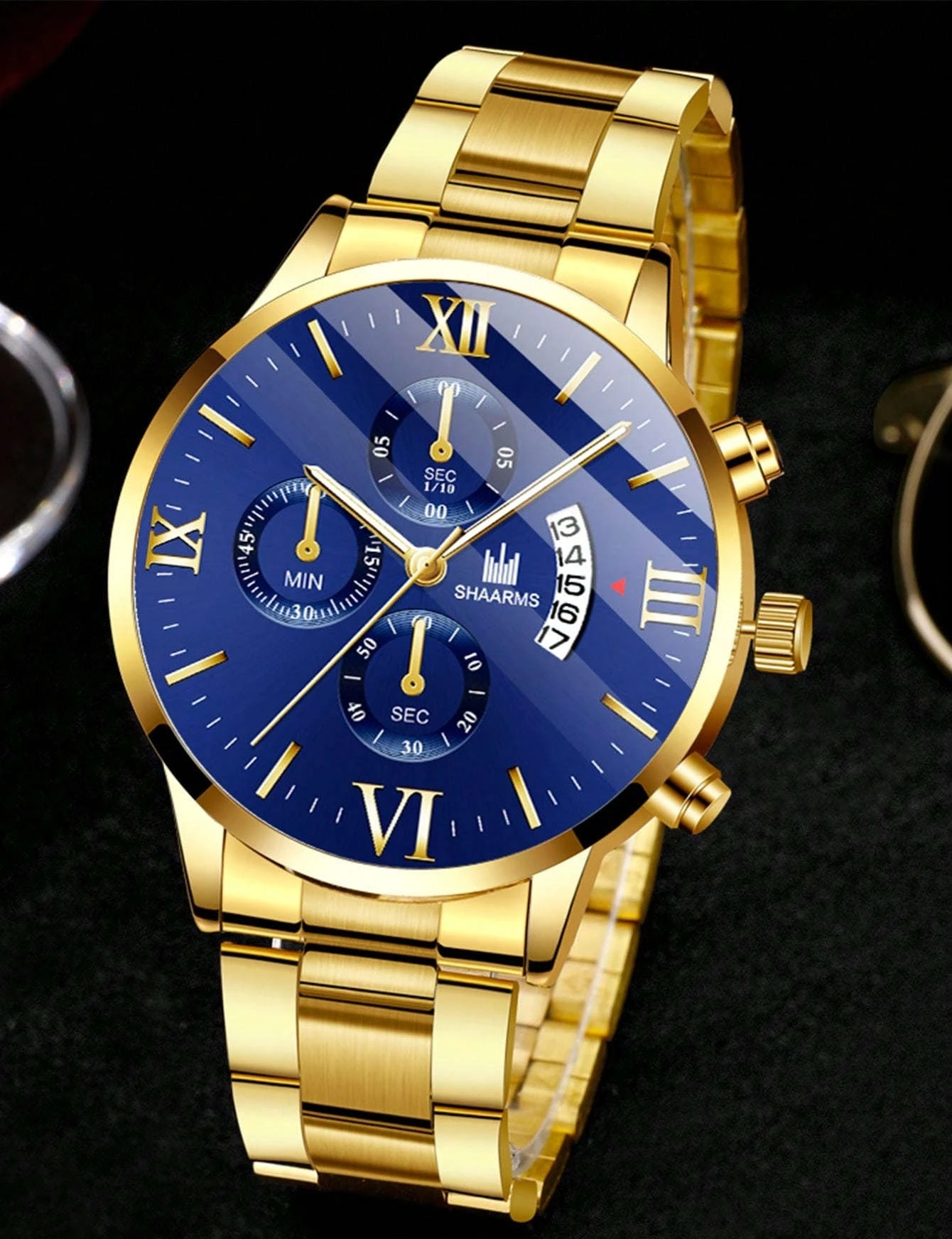 Popular Rome Face Quartz Watch For Men Date Gold 2pcs Stainless Steel ...